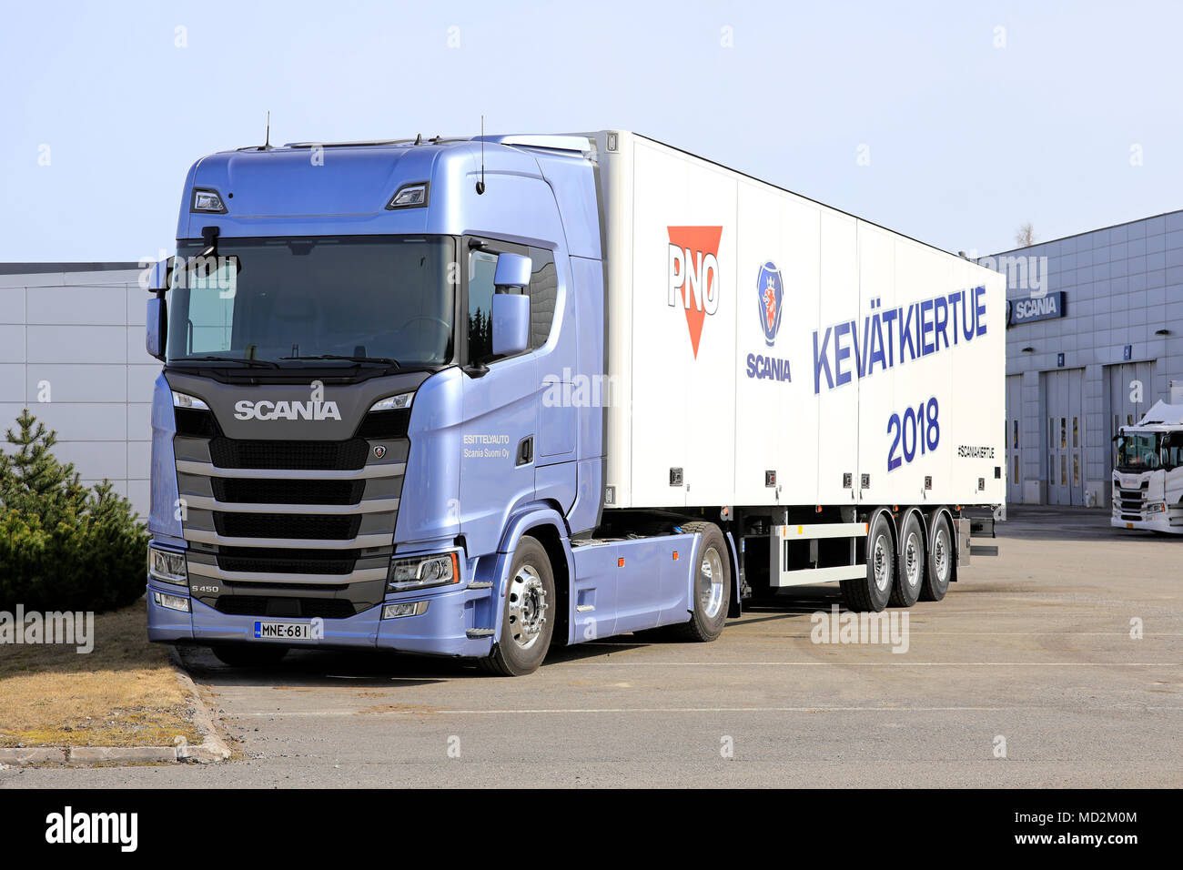LIETO, FINLAND - APRIL 12, 2018: Ice blue Scania S450 semi trailer on ...