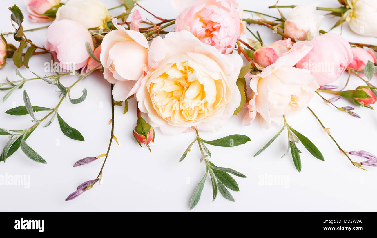 Festive flower composition on the white wooden background. Overhead ...