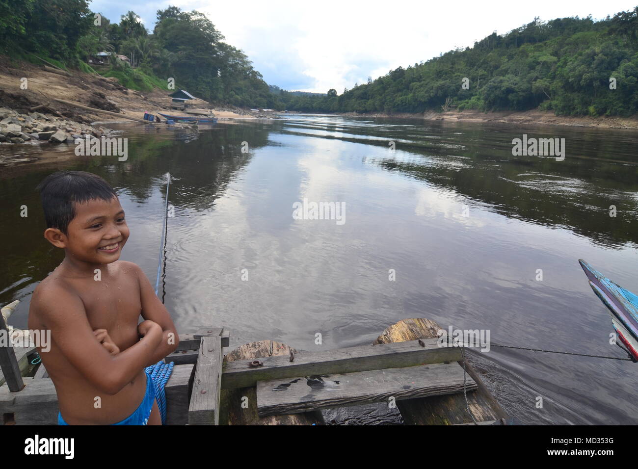 scenery of Dayak tribe and life close to the river in Borneo, Indonesia ...