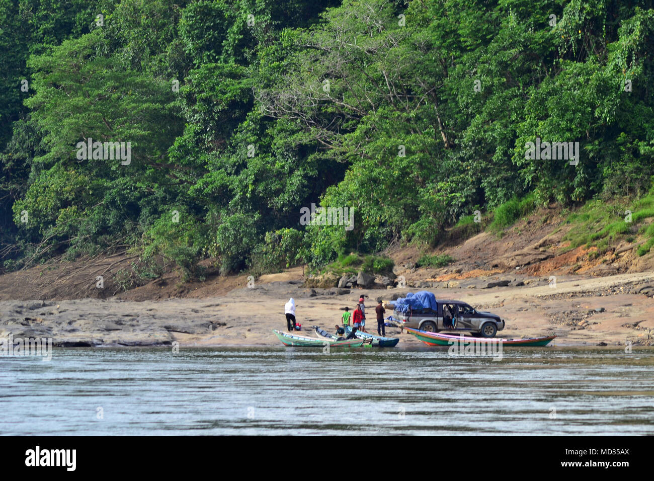 scenery of Dayak tribe and life close to the river in Borneo, Indonesia ...