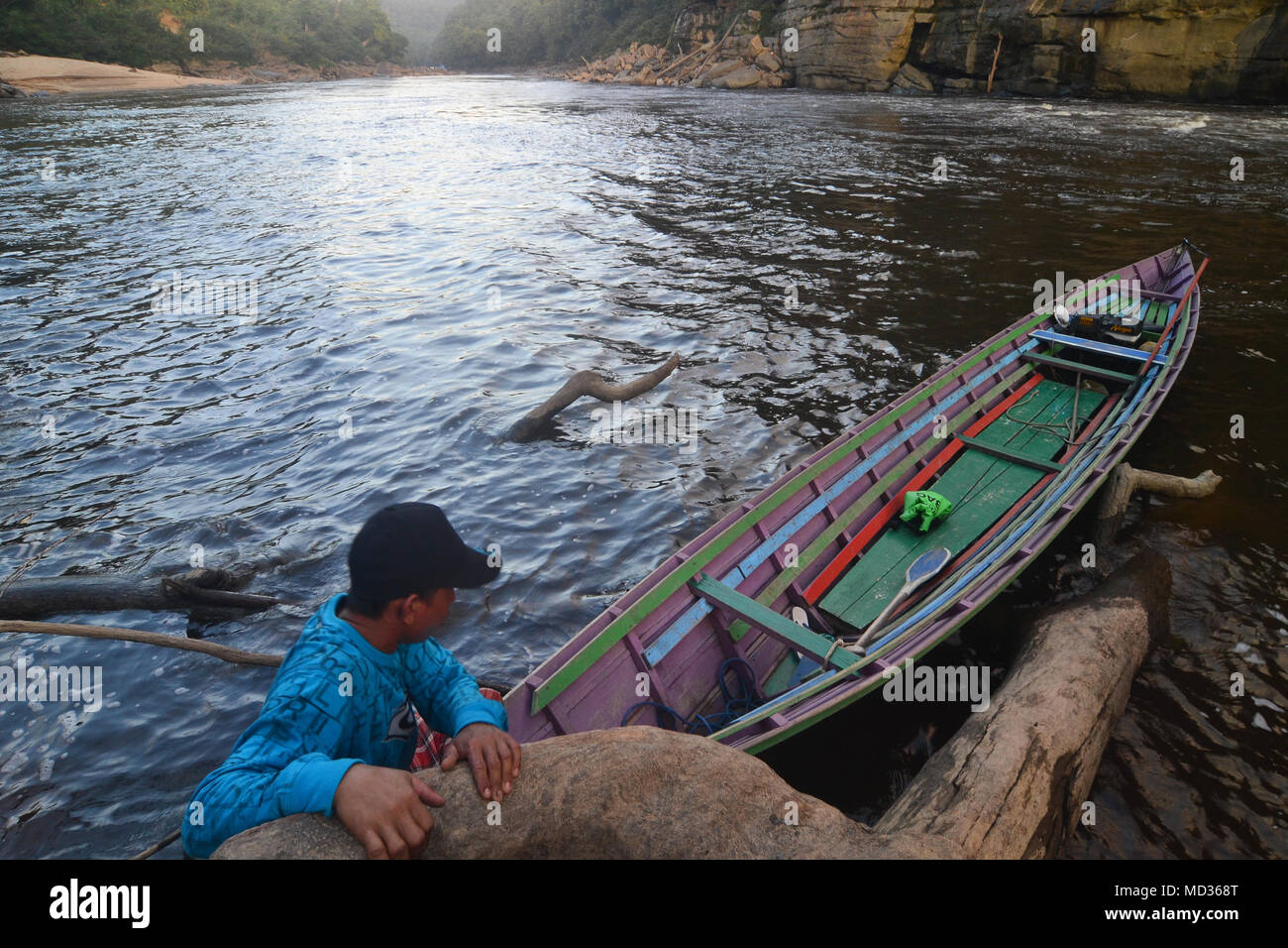 scenery of Dayak tribe and life close to the river in Borneo, Indonesia ...