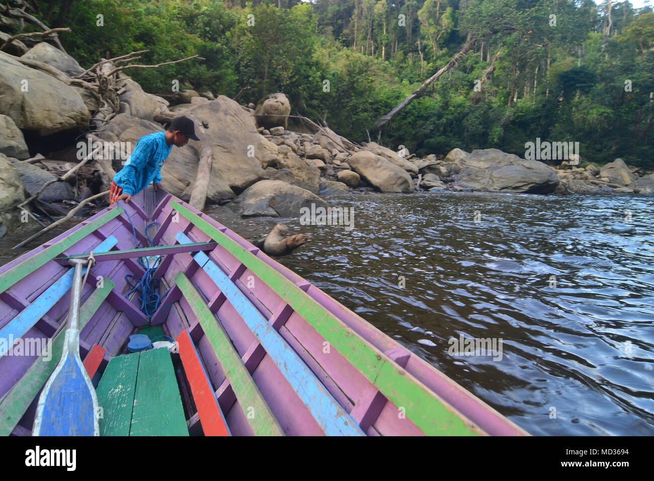 scenery of Dayak tribe and life close to the river in Borneo, Indonesia ...