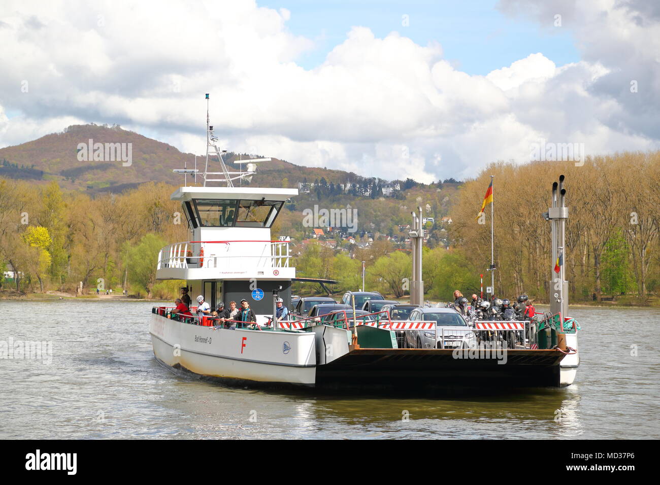 A car ferry crossing the river Rhine at Rolandseck, Remagen, Germany ...