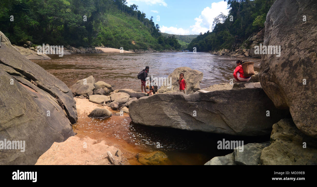scenery of Dayak tribe and life close to the river in Borneo, Indonesia ...