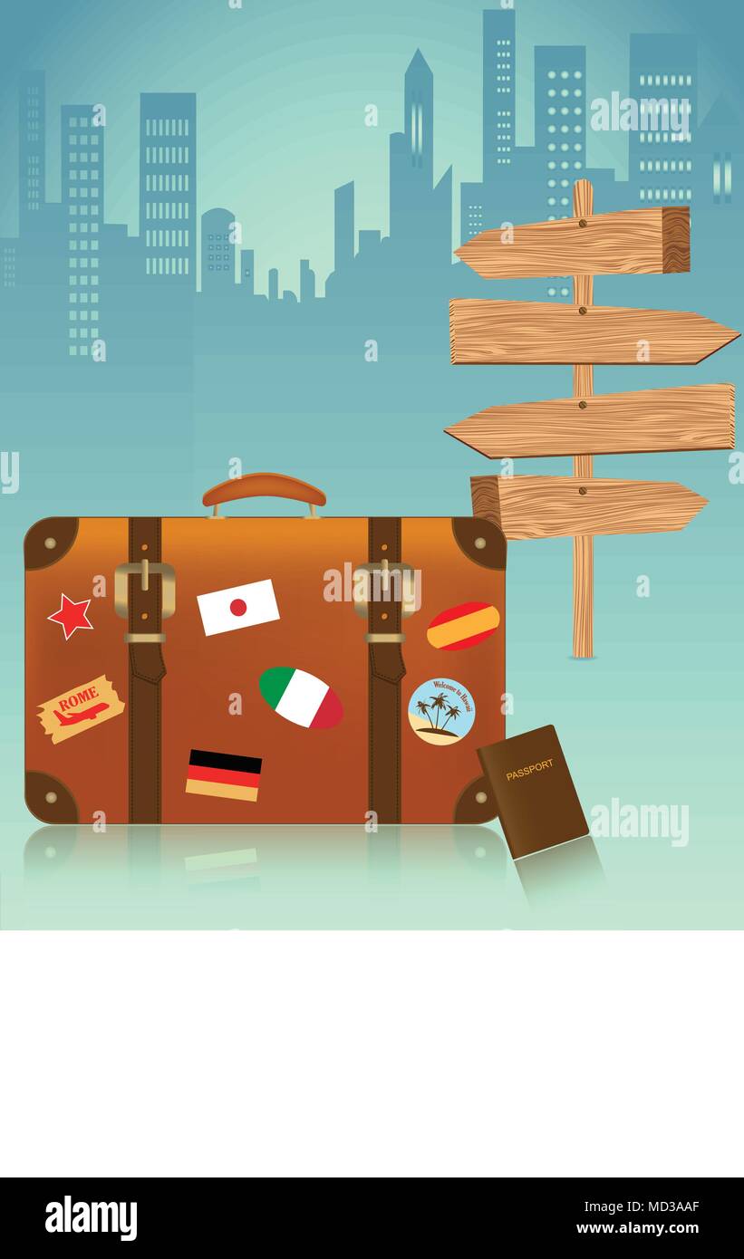 Travel suitcases, International passport, and route direction sign ...