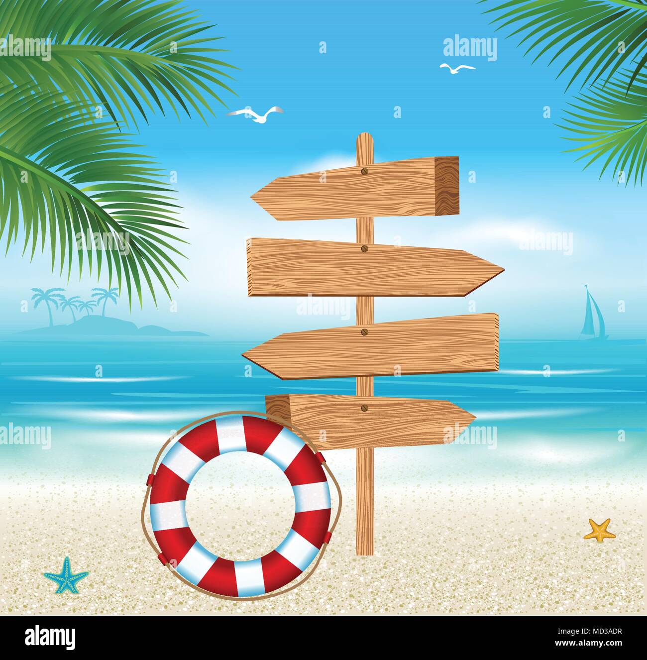 Wooden Sign on a Tropical Beach. Summer holidays Stock Vector Image ...