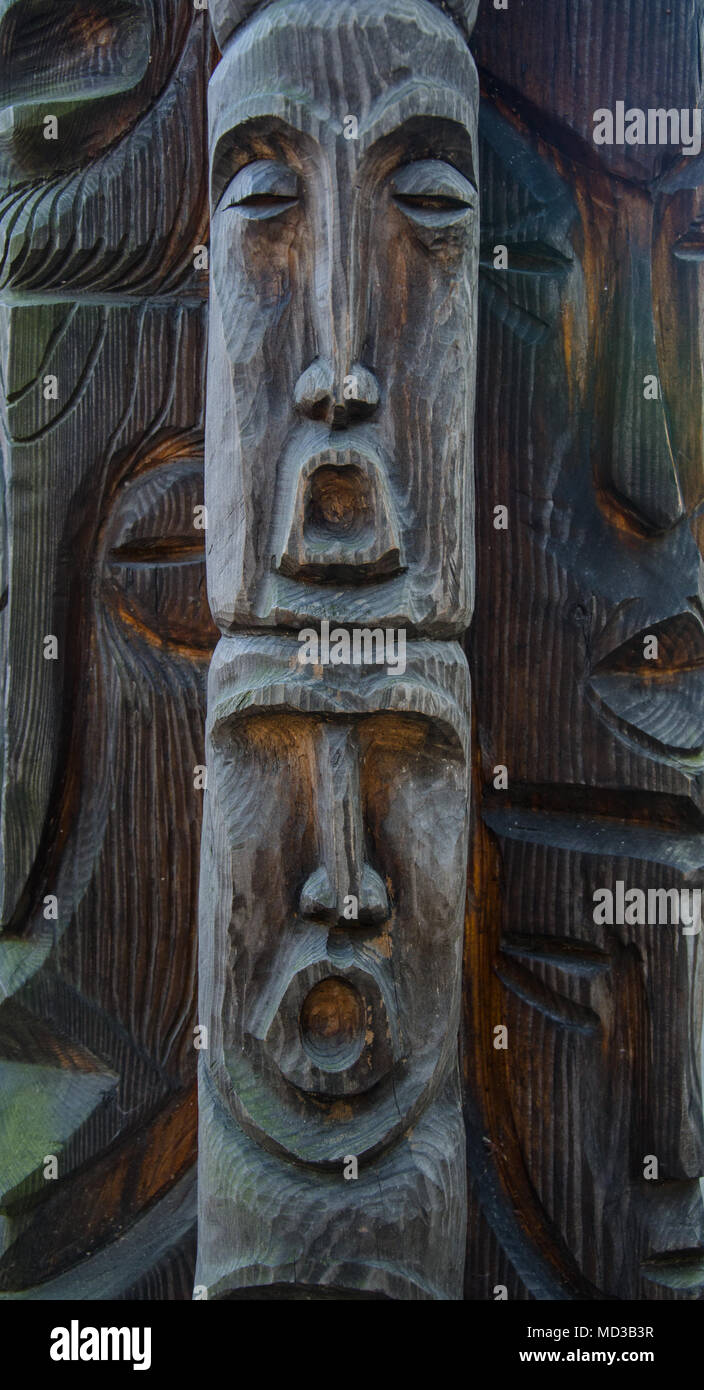 Wooden Tree Sculpture: Close-up of Face Carved in Wood, Handmade Stock ...