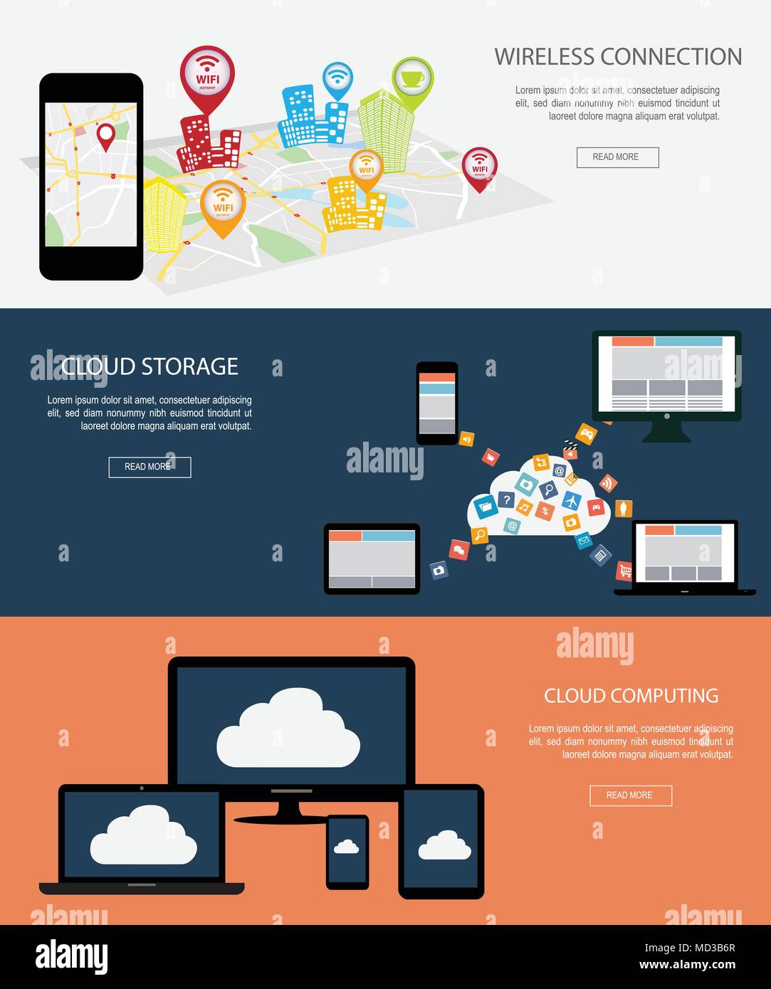 Flat designed banners for Wireless Connection and Cloud Storage Stock ...