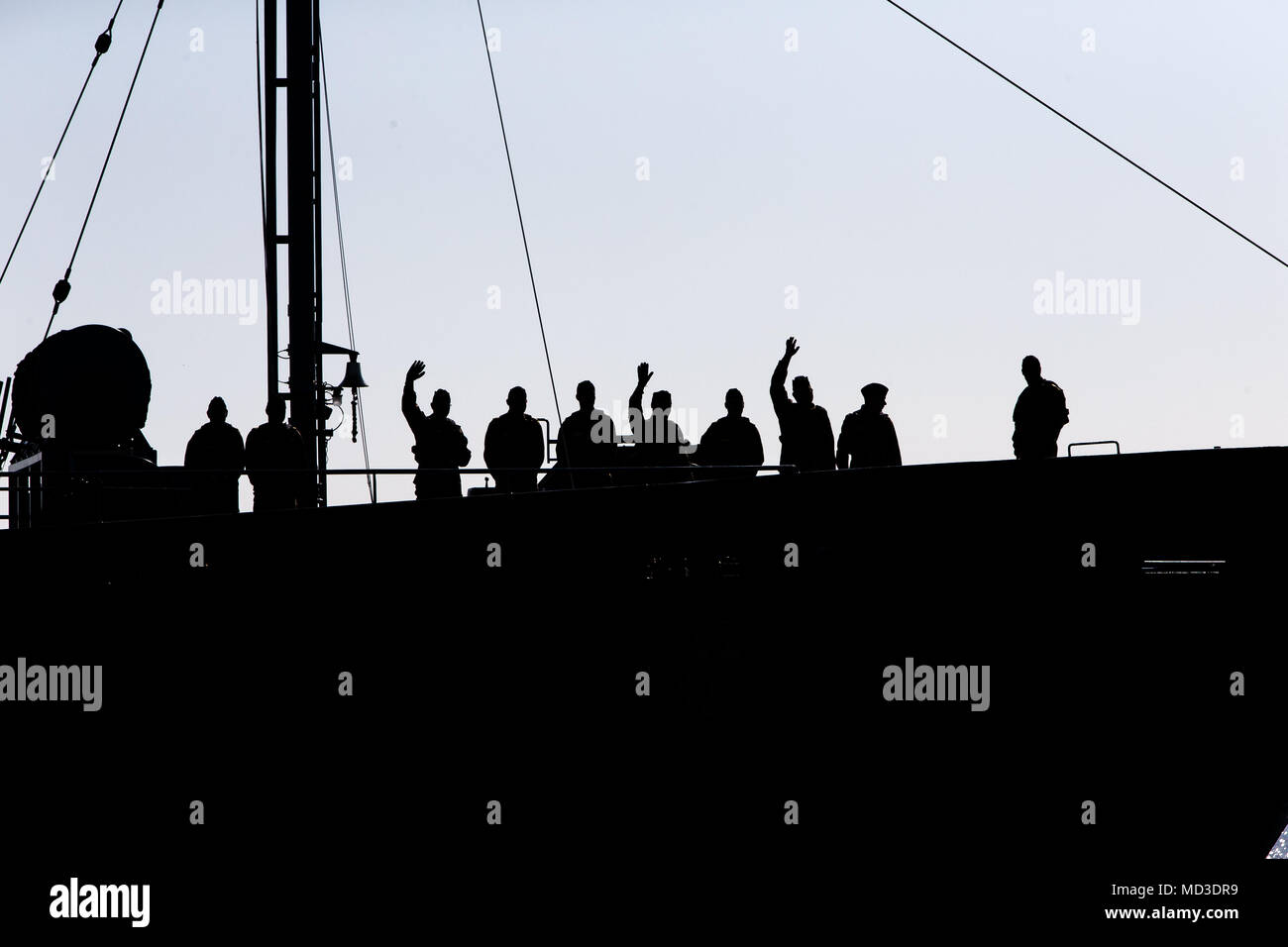 18 April 2018, Kiel, Germany: Marine soldiers waving goodbye for the ...