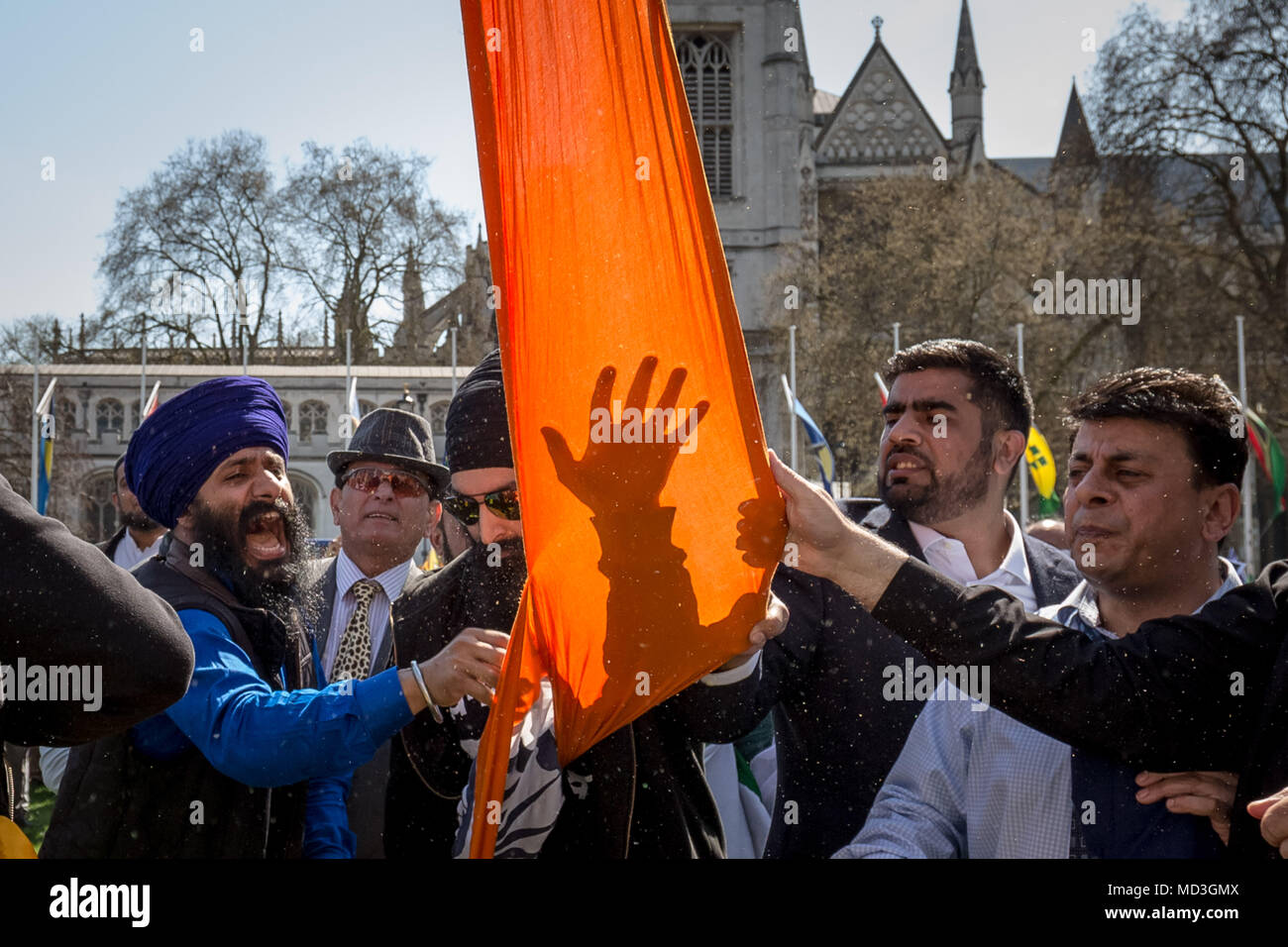 London, UK. 18th April, 2018. Anti-Modi Sikh and Kashmiri protesters ...