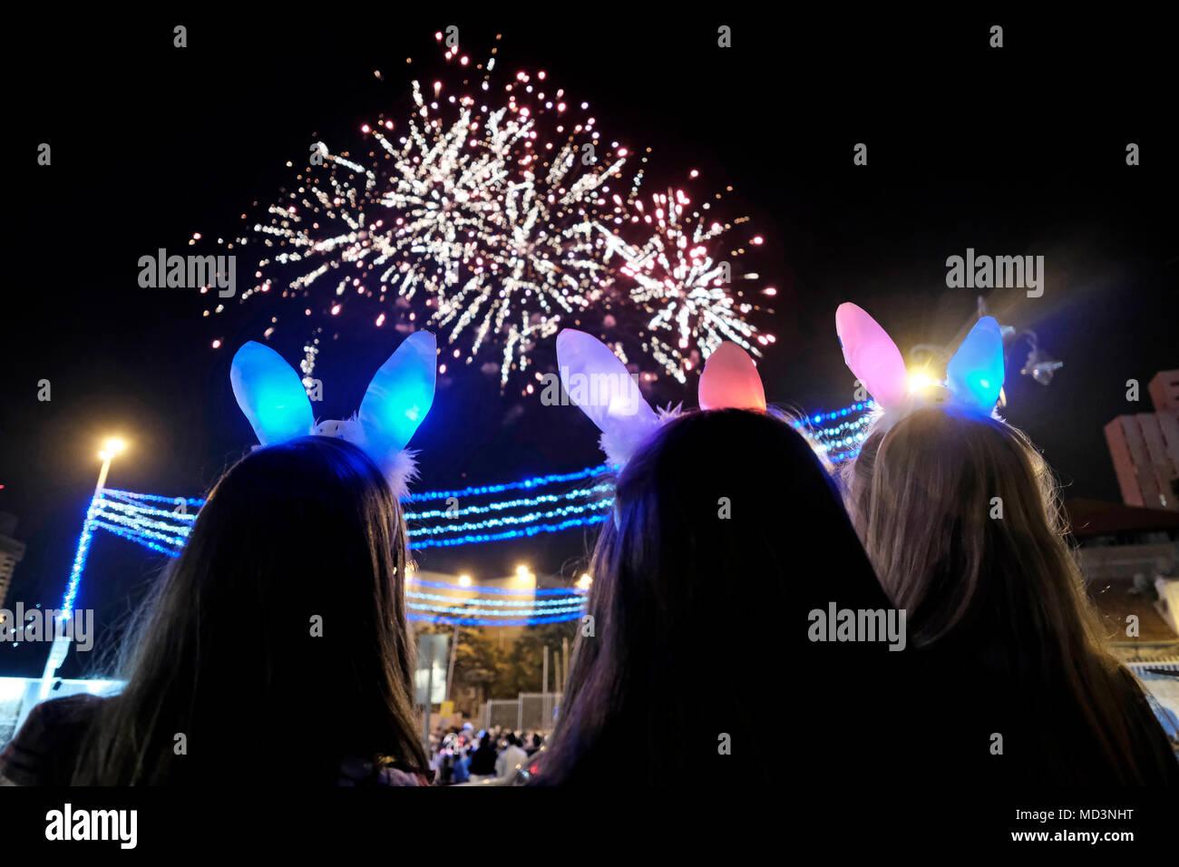 Israelis watch fireworks in the sky over central Jerusalem at the end ...