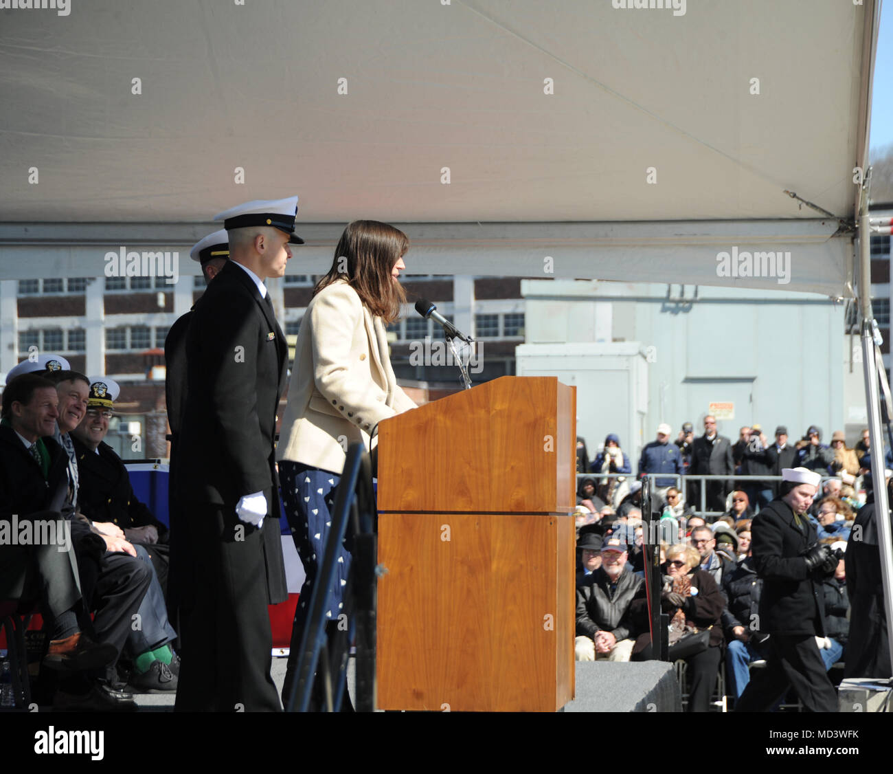 GROTON, Conn. (Mar. 17, 2018) Ship's sponsor Ms. Annie Mabus announces ...