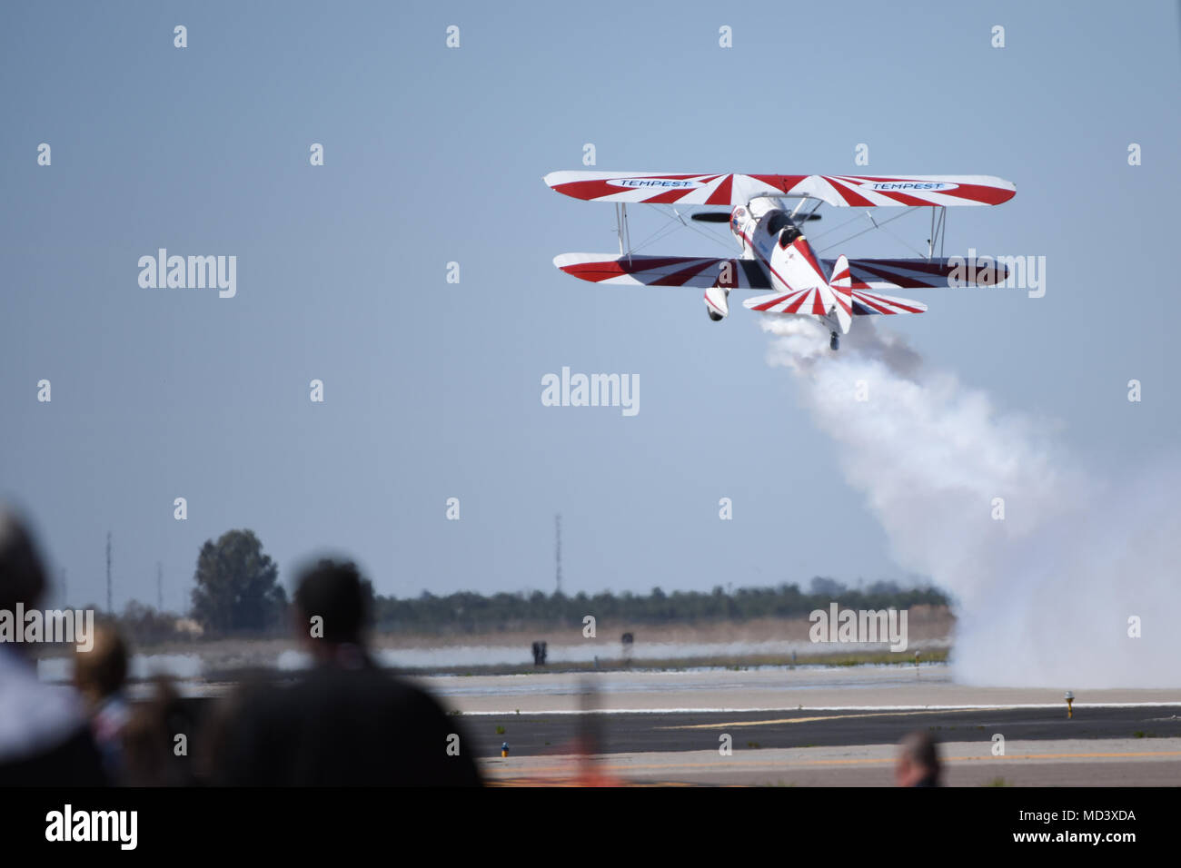 Gary Rower maneuvers his R-985 bi wing aircraft to demonstrate the ...