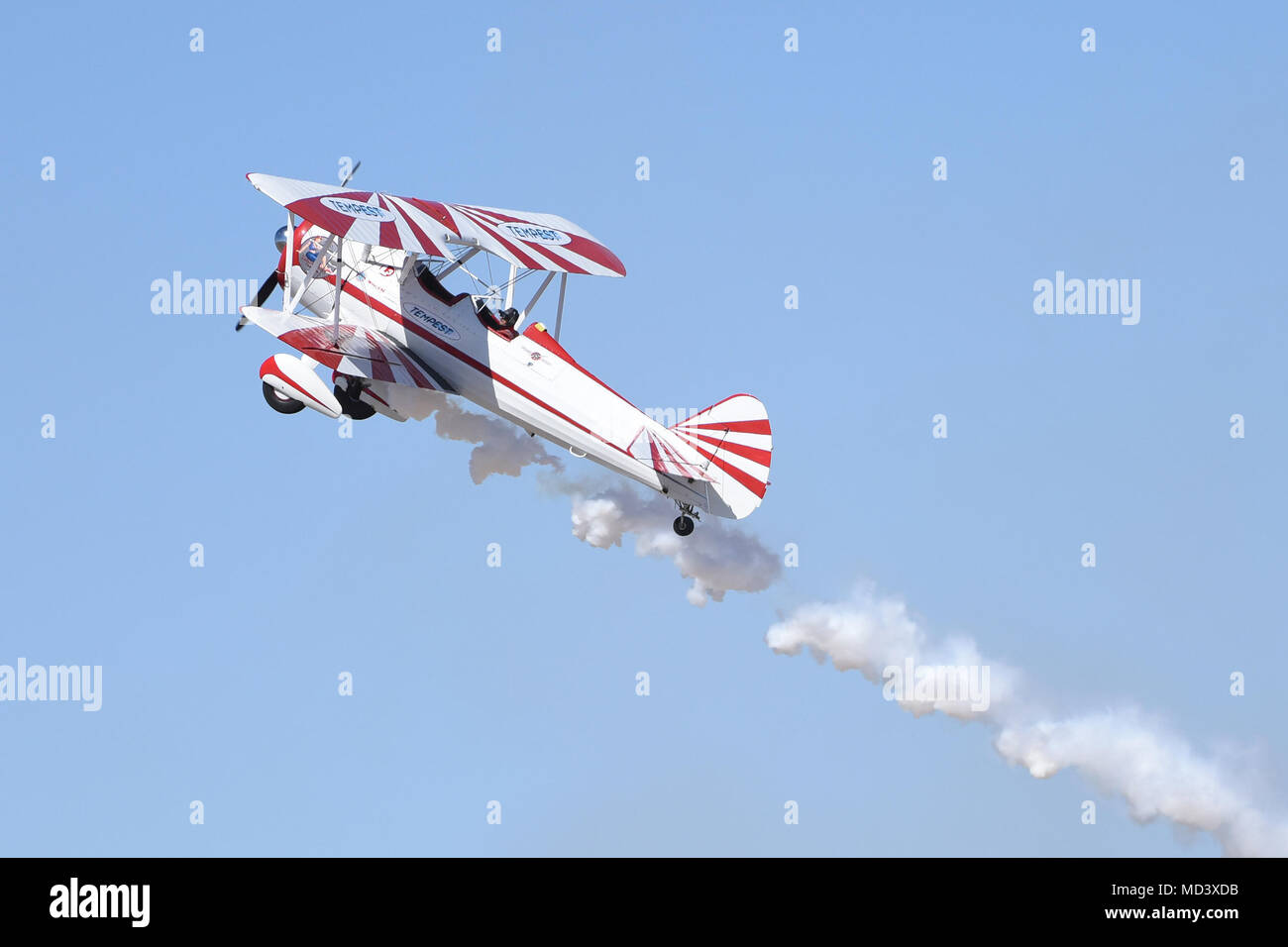 Gary Rower maneuvers his R-985 bi wing aircraft to demonstrate the ...