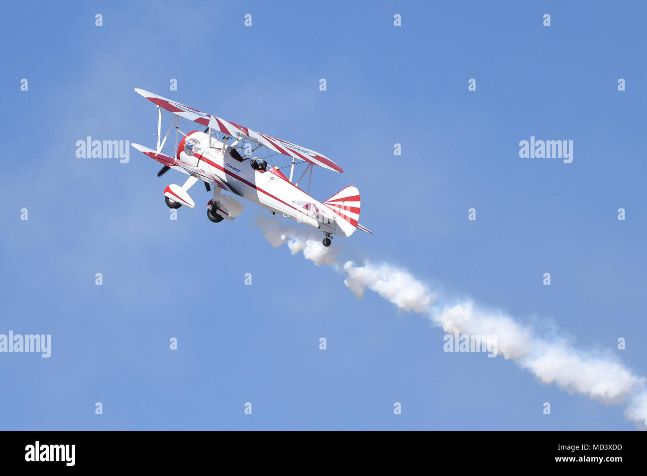 Gary Rower maneuvers his R-985 bi wing aircraft to demonstrate the ...