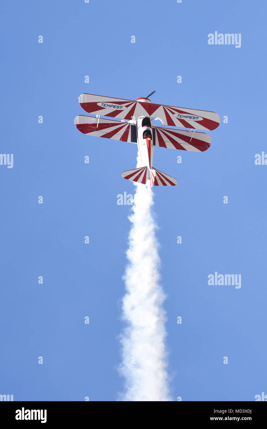Gary Rower maneuvers his R-985 bi wing aircraft to demonstrate the ...