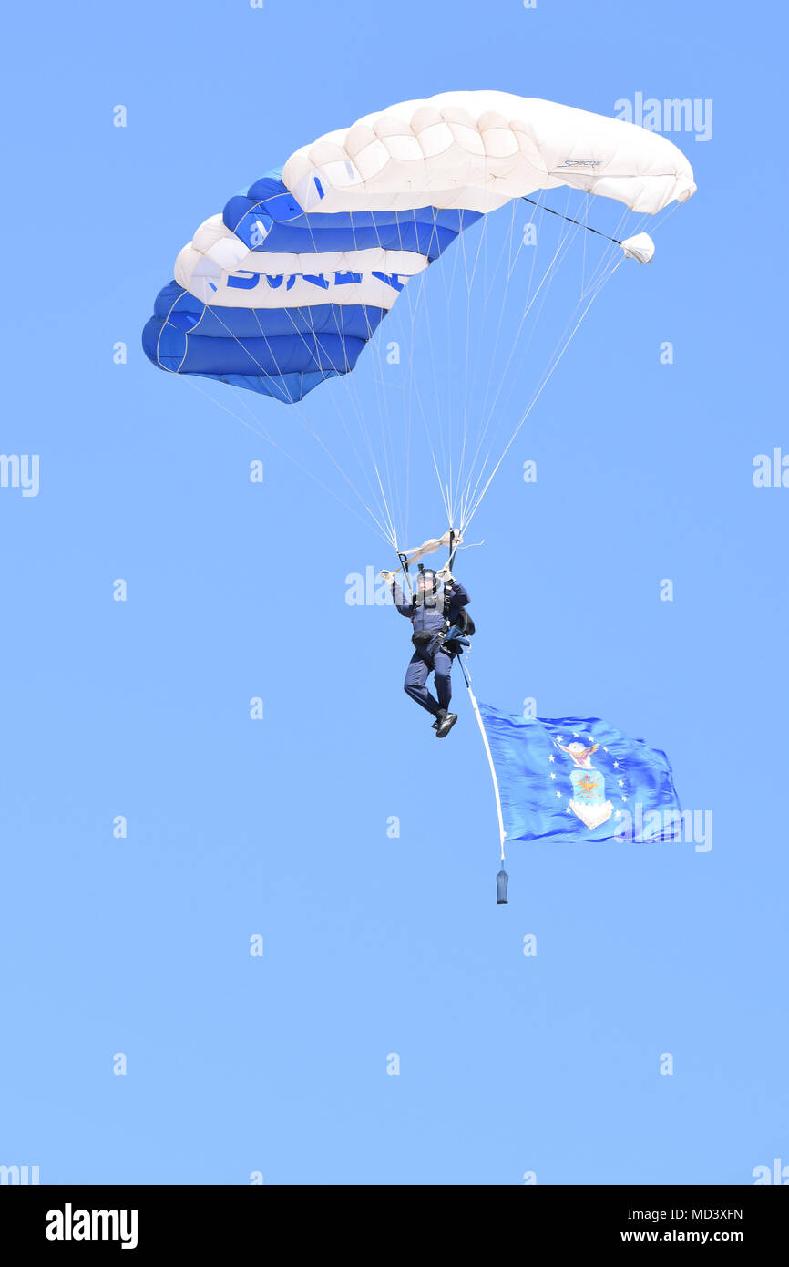 The U.S. Air Force Academy “Wings of Blue” parachute team demonstrate ...