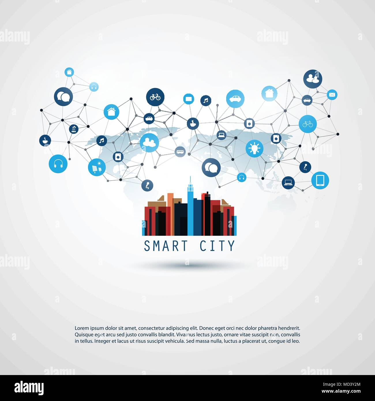 Colorful Smart City, Cloud Computing Design Concept with Icons - Digital Network Connections ...