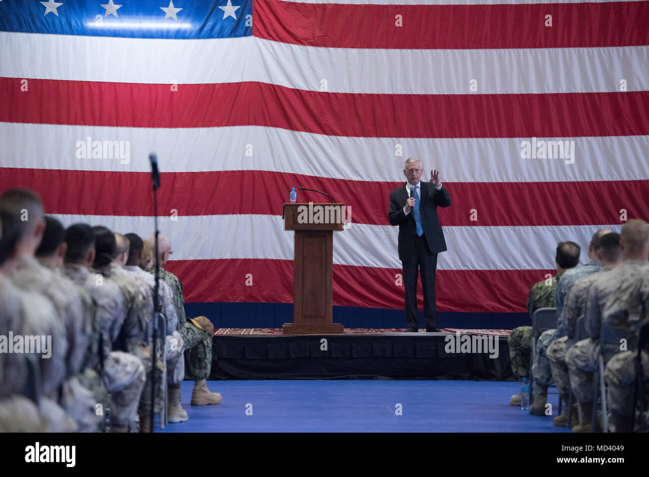 Defense Secretary James N. Mattis speaks to service members during a ...