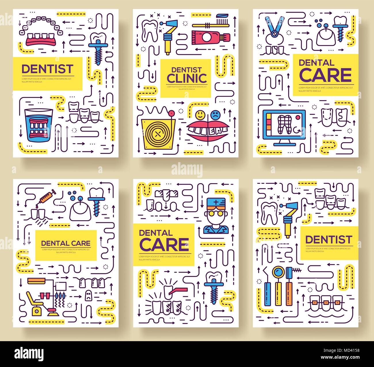 Thin line dentist clinic baking brochure cards set. Dent instruments ...