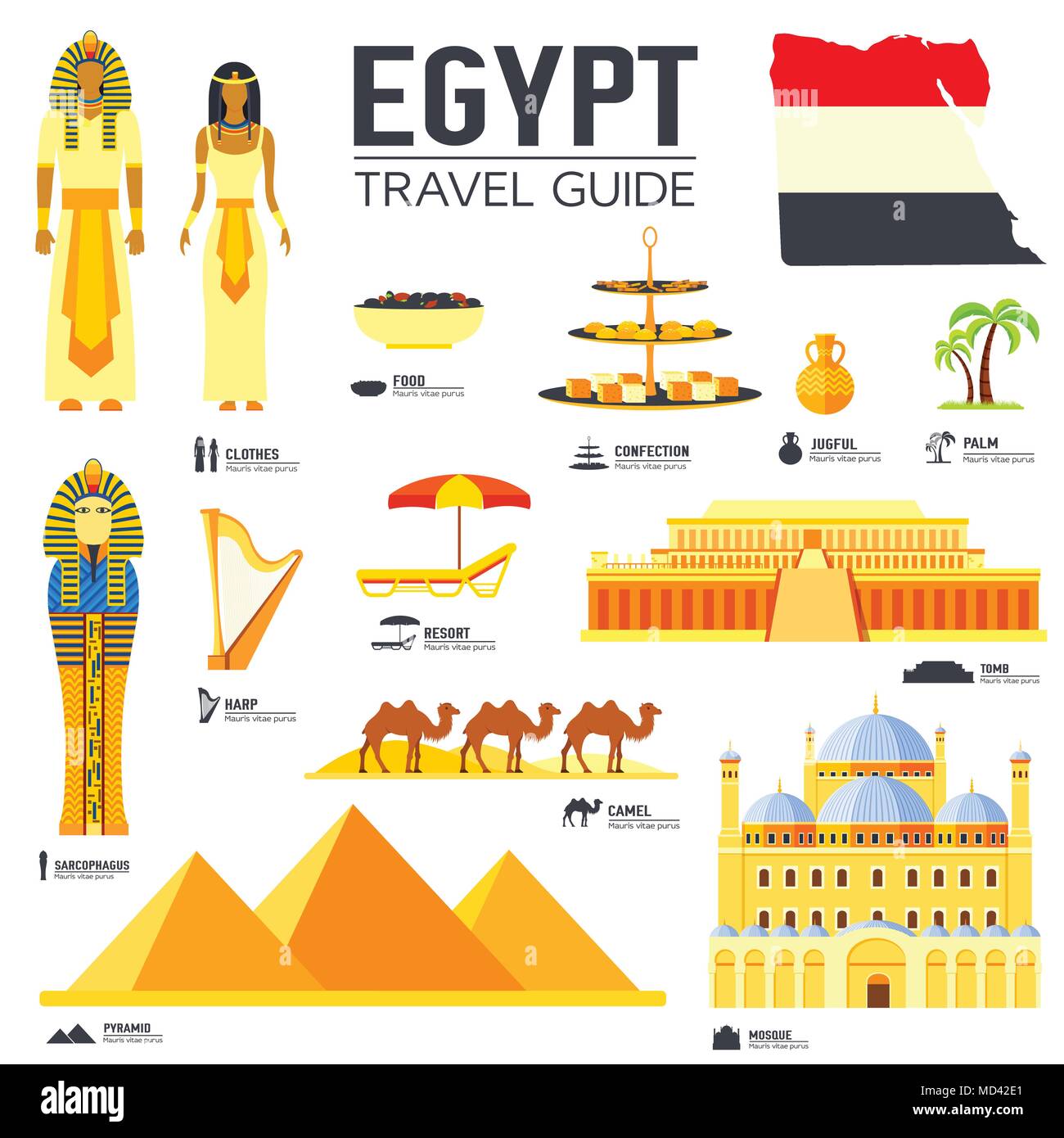 Country Egypt travel vacation guide of goods, places and features. Set ...