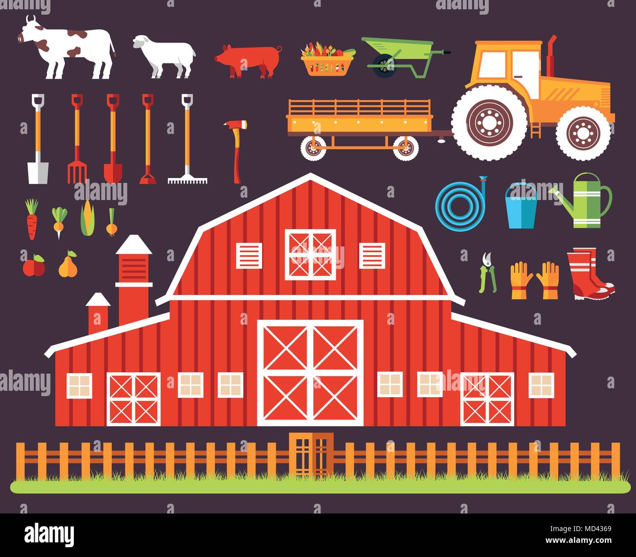 Flat farm in village set sprites and tile sets. instruments, flowers ...