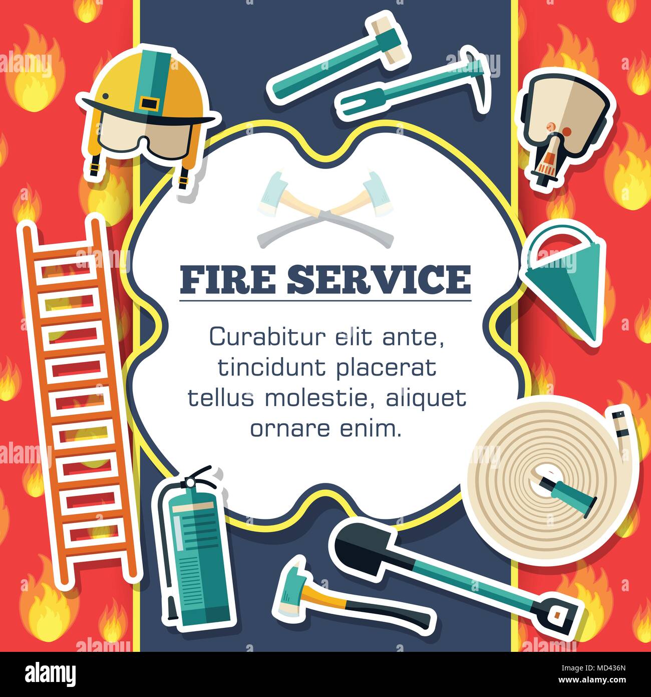Firefighter equipment elements on red fire background poster in sticker ...