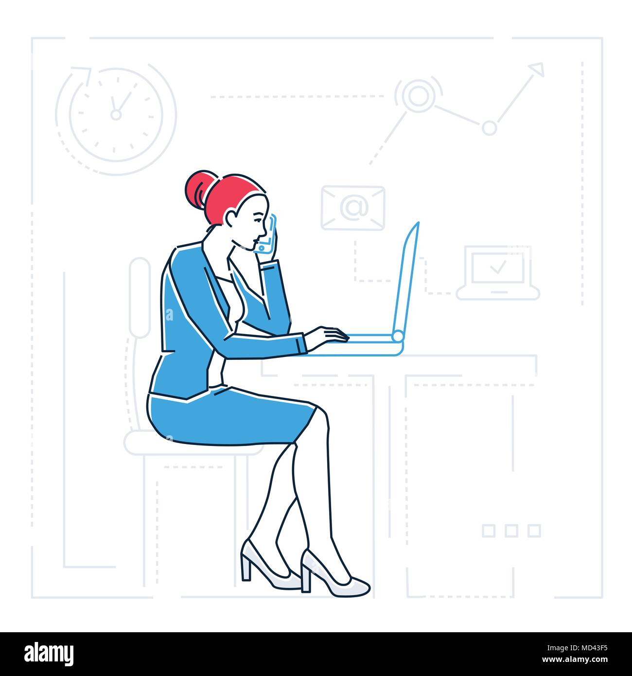 Businesswoman at the computer - line design style isolated illustration ...