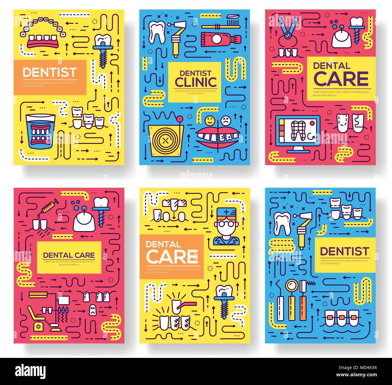 Thin line dentist clinic baking brochure cards set. Dent instruments ...