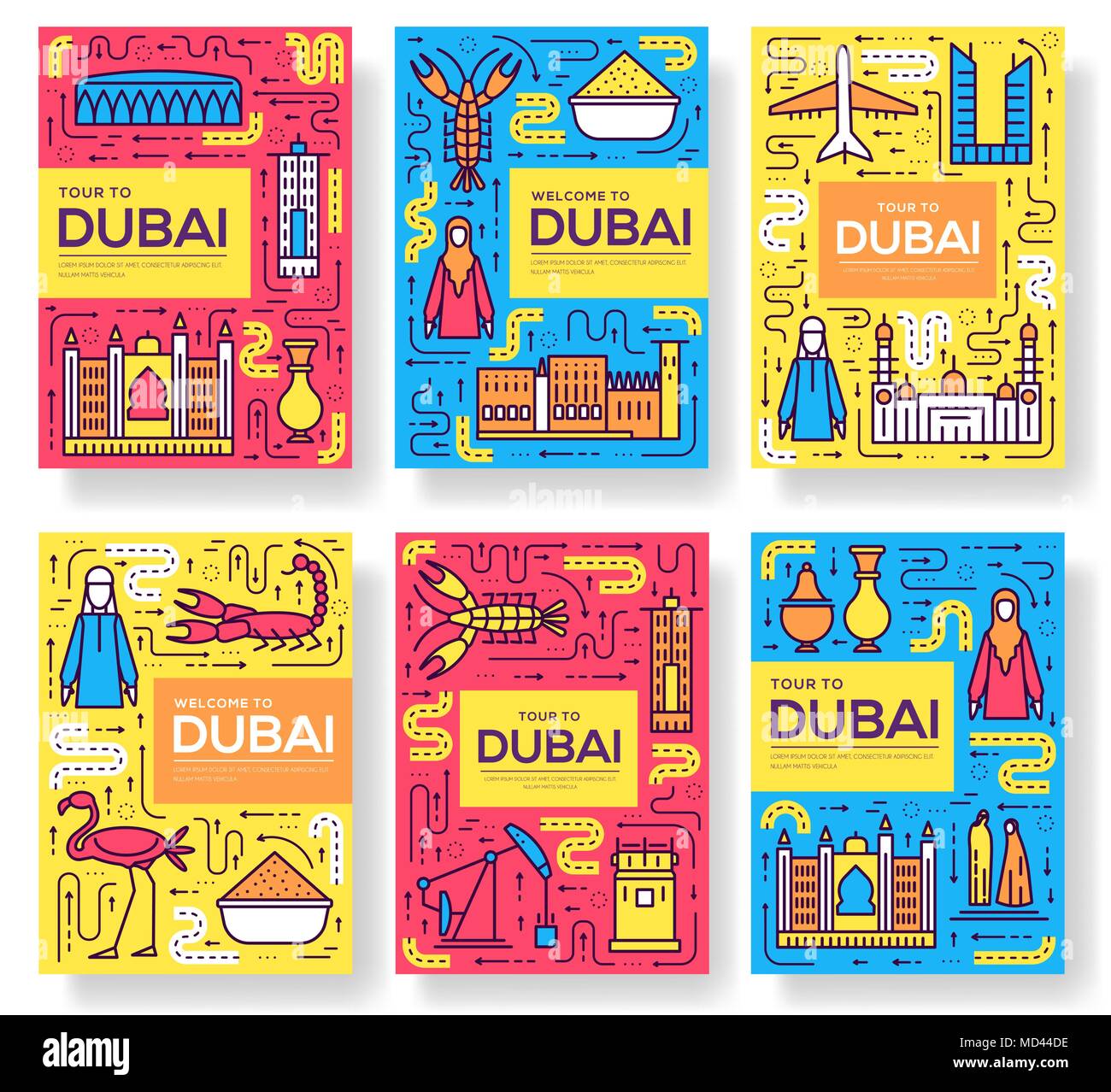 Dubai vector brochure cards thin line set. Country travel template of ...