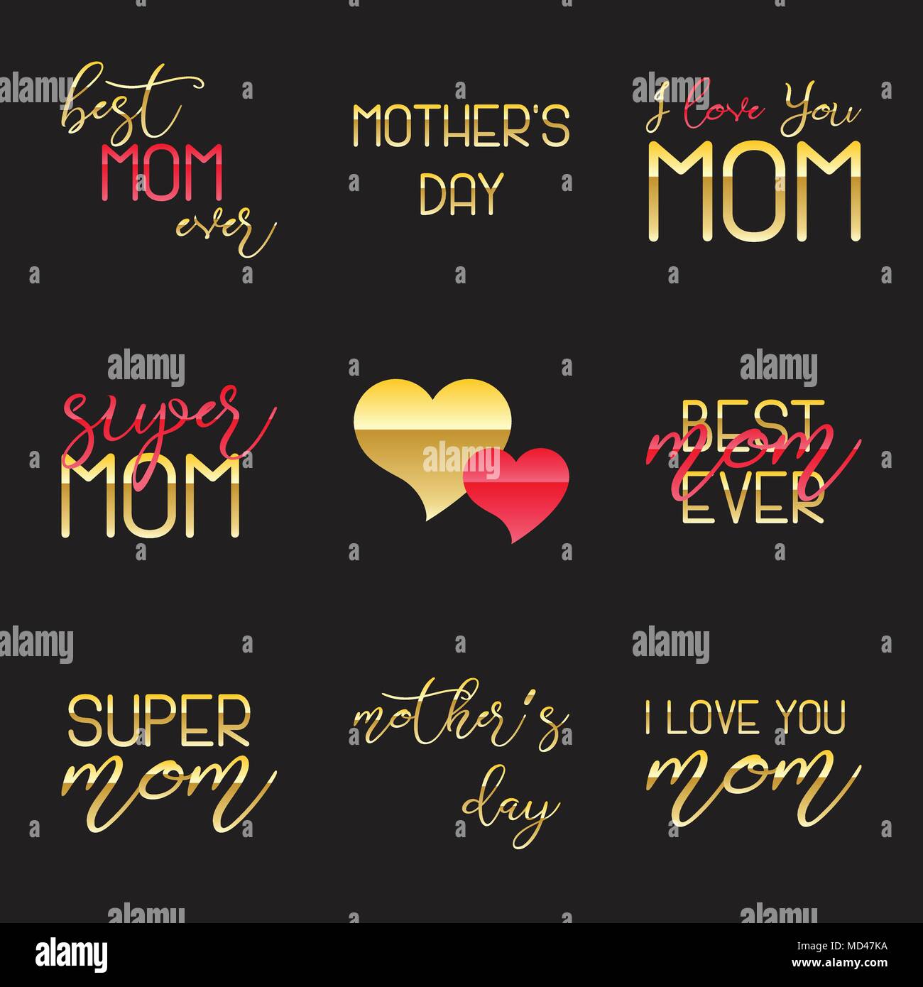 Mothers Day Lettering Calligraphic Emblems Set. Isolated on black ...
