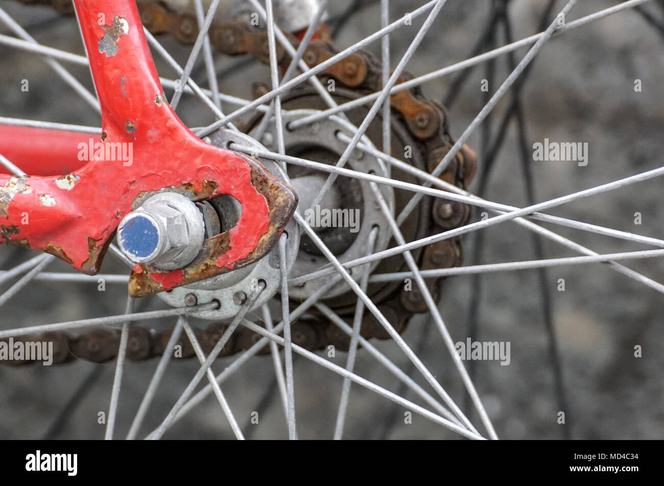 Closeup image shows details of spokes and gears on a red bike Stock ...