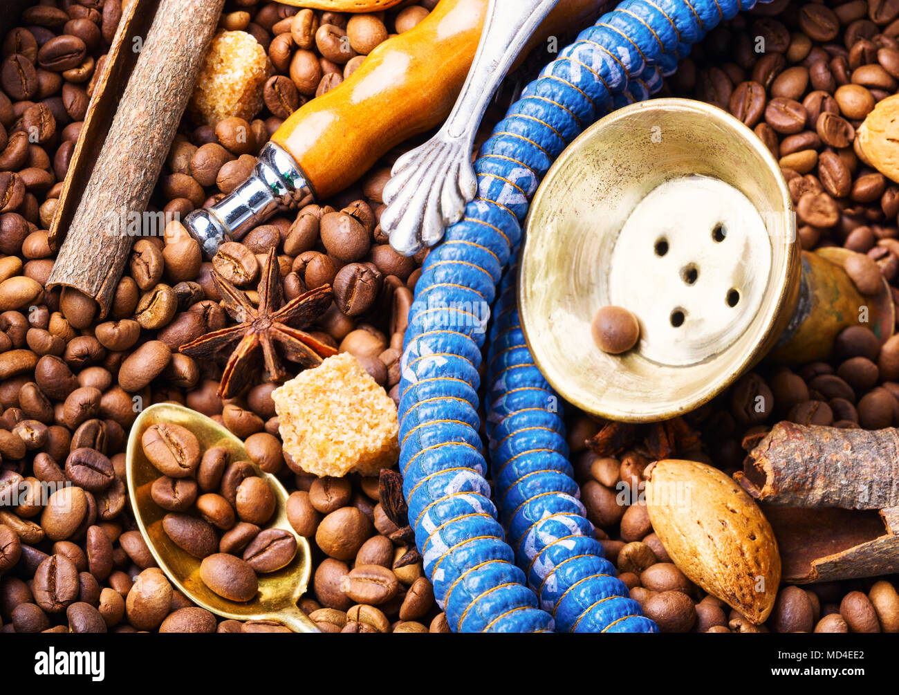 Smoke hookah with with coffee beans and shisha concept.Hookah concept ...