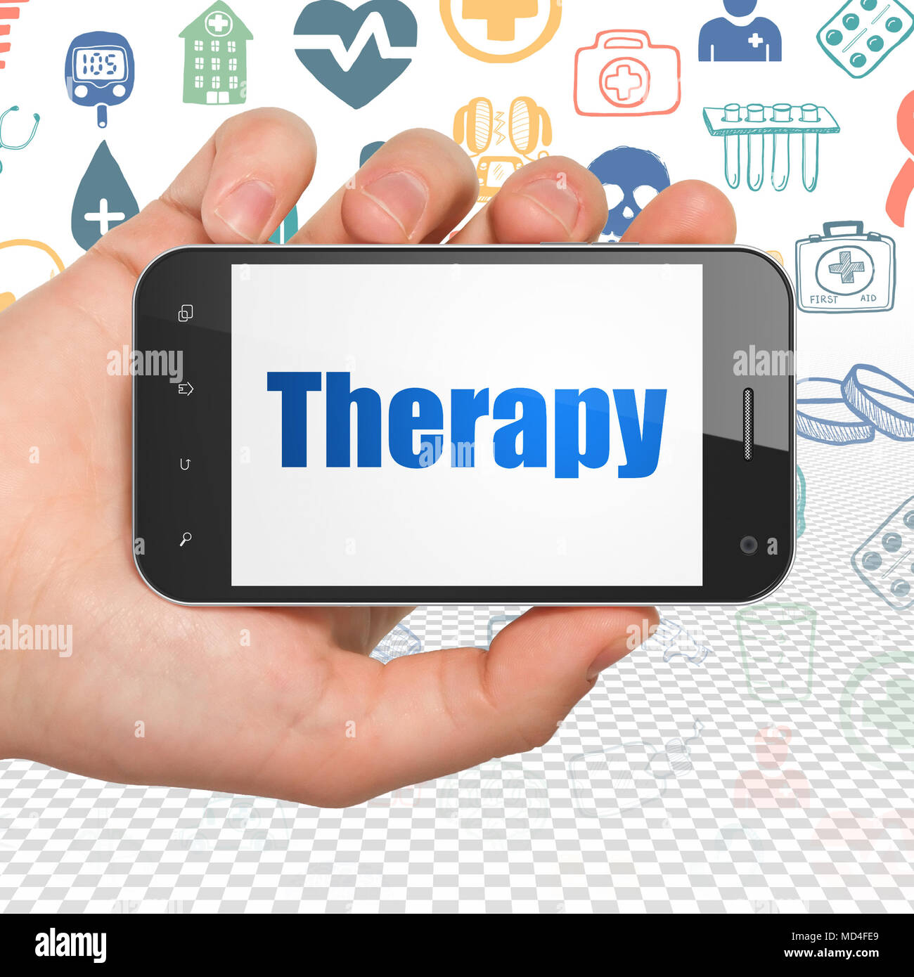 Healthcare concept: Hand Holding Smartphone with Therapy on display ...