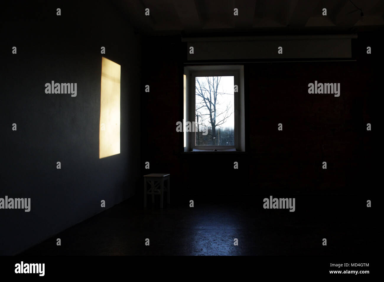 rectangular light from the window in a dark photo studio. in the window ...