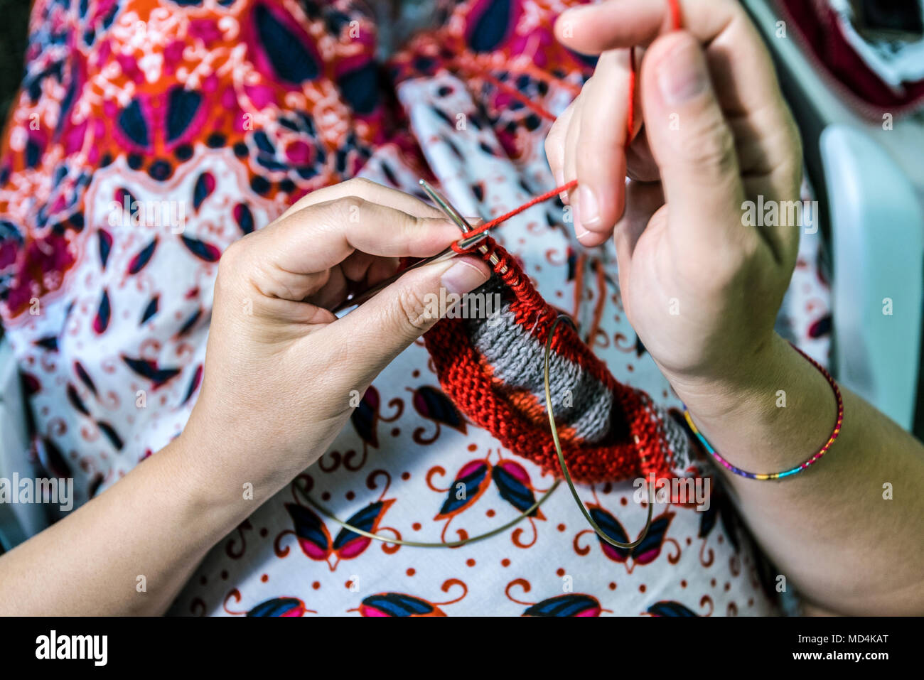 girl hands while knitting Stock Photo - Alamy