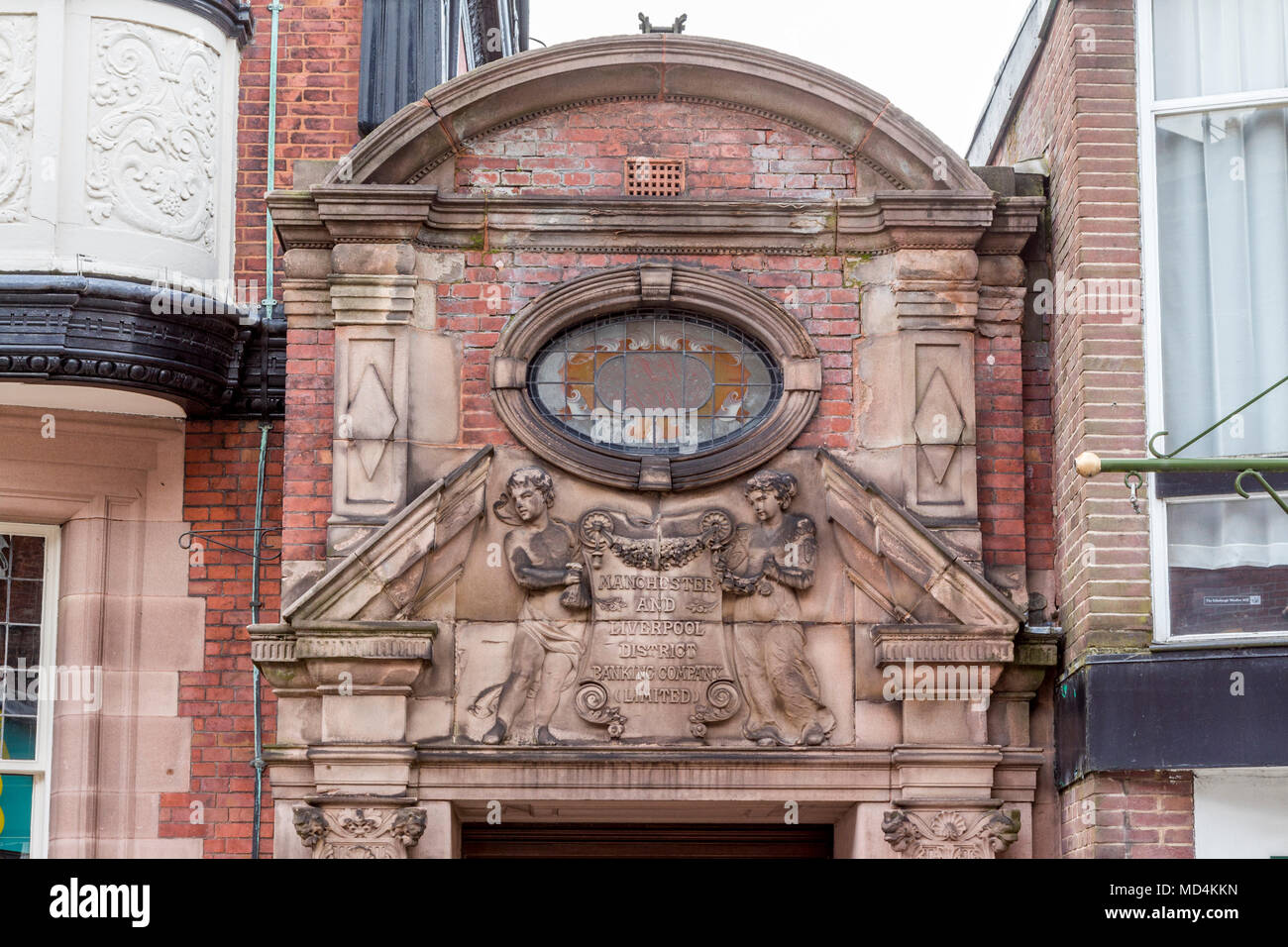 Ornate stonework listed building, Leek town centre shopping centre in ...