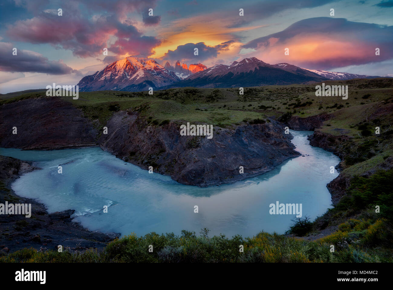 Rio Paine River with sunrise on the Towers. Torres del Paine National ...