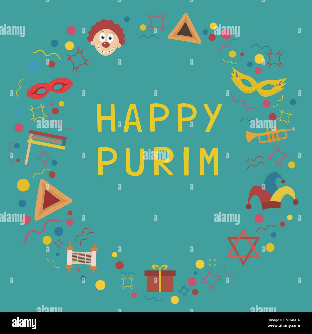 Frame with purim holiday flat design icons with text in english "Happy ...