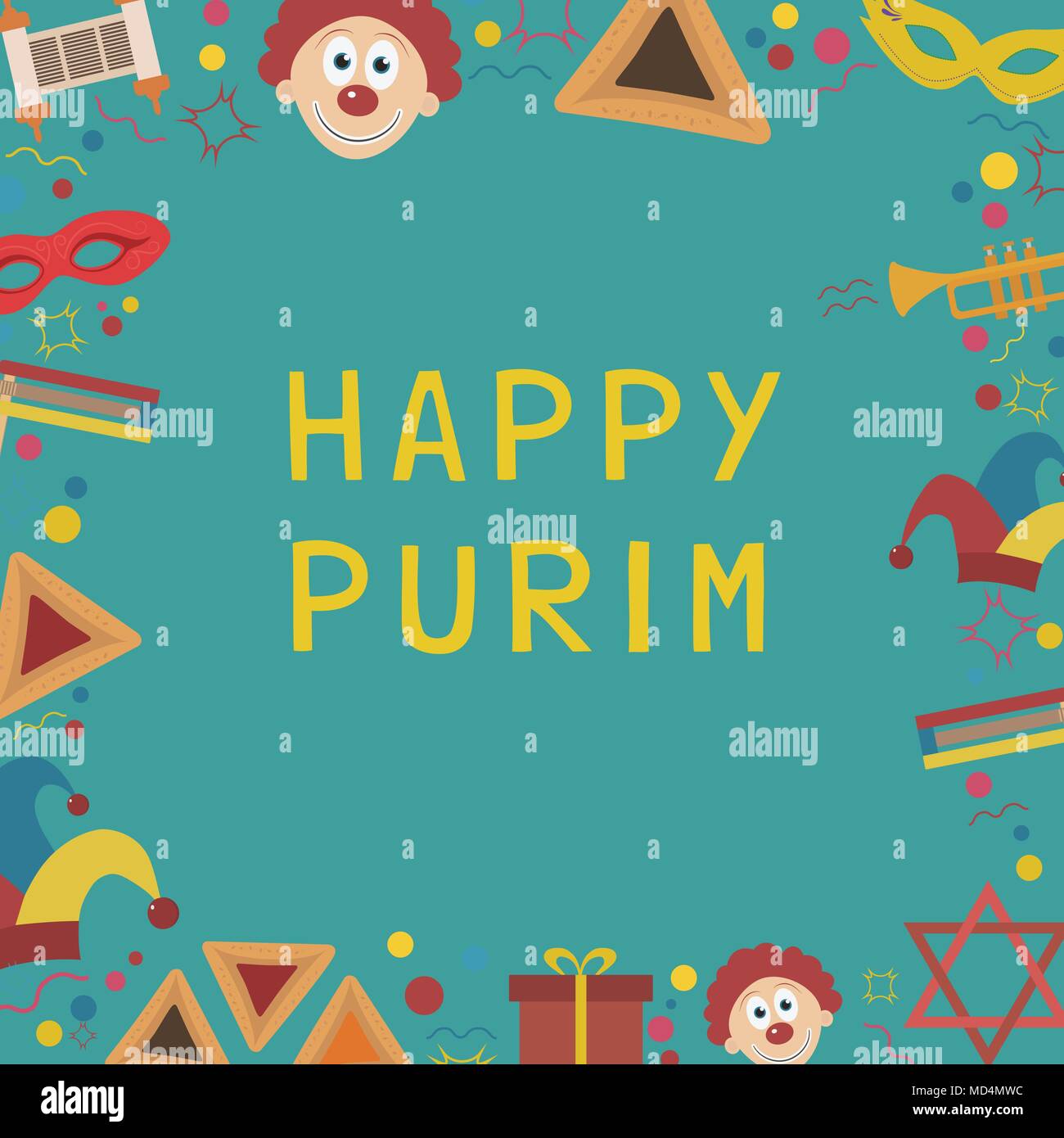 Frame with purim holiday flat design icons with text in english "Happy ...