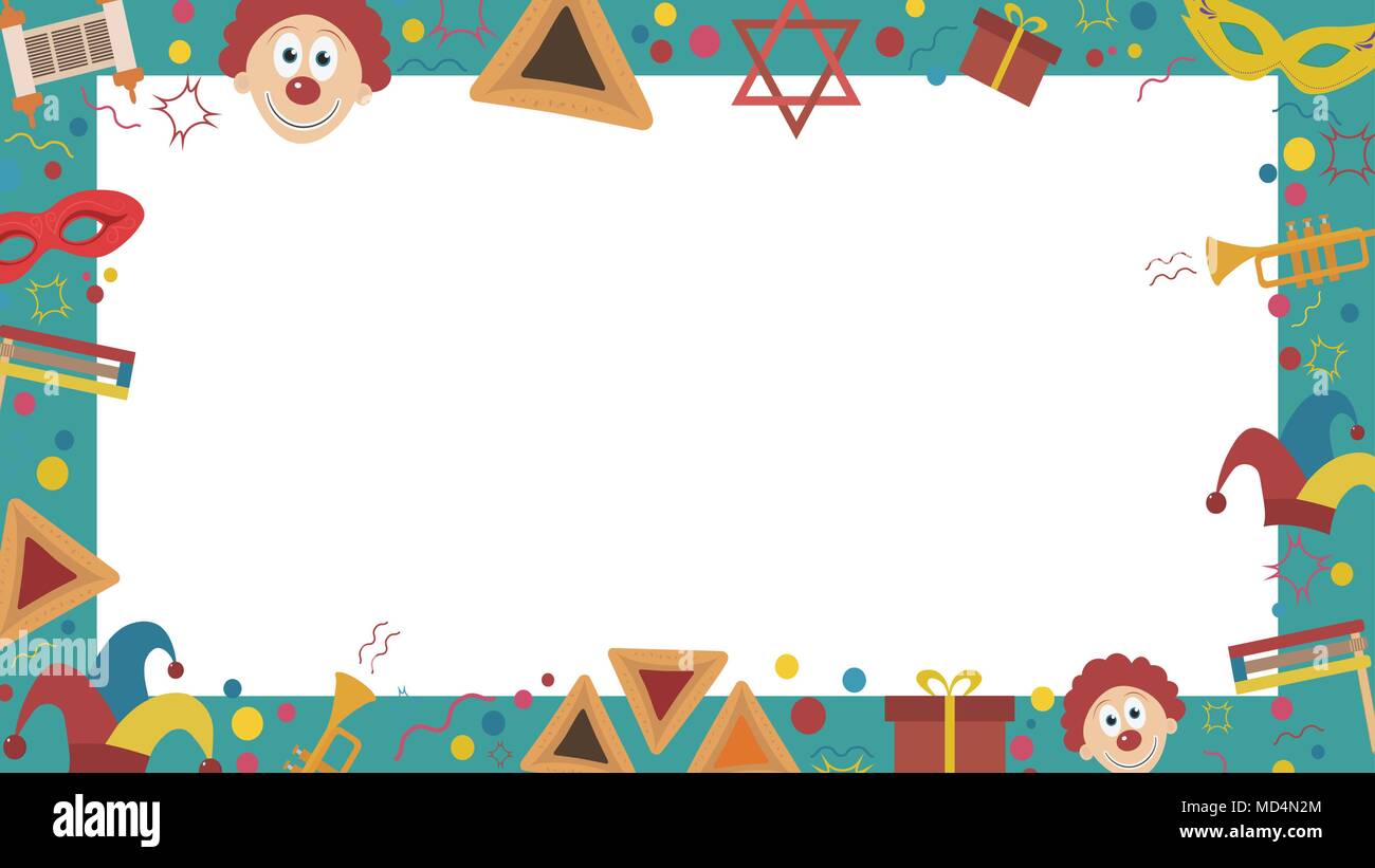 Frame with purim holiday flat design icons. Template with space for ...