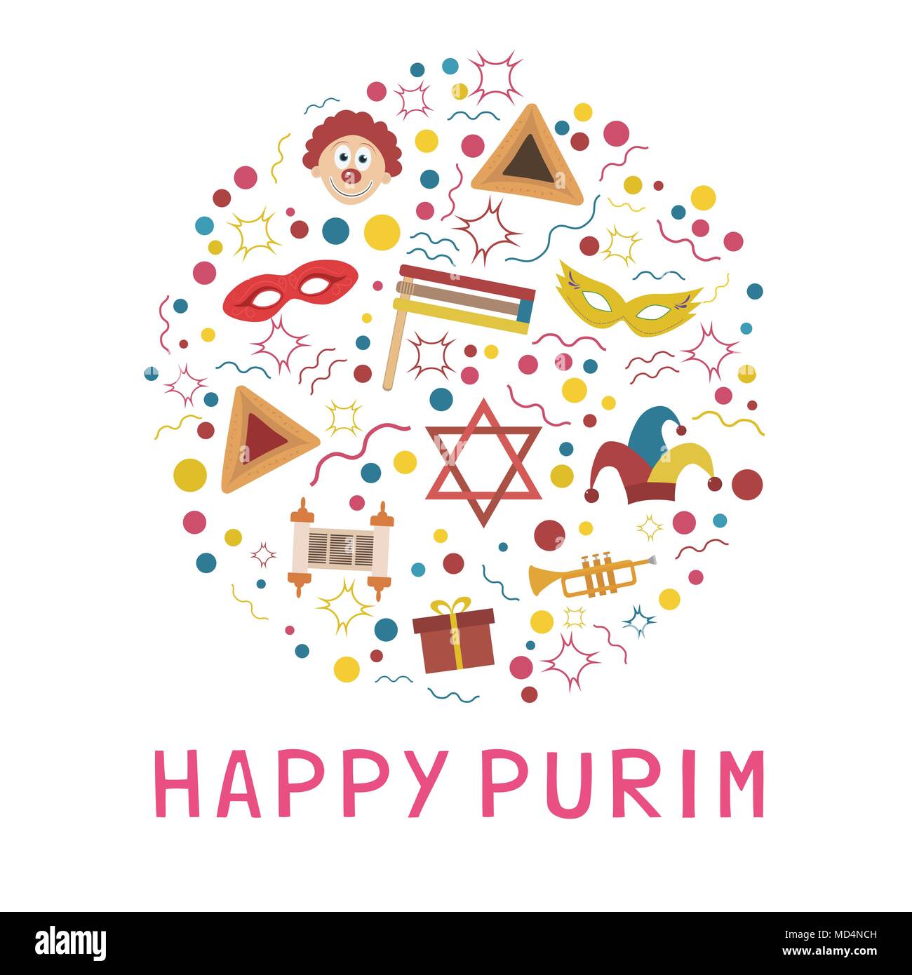 Purim holiday flat design icons set in round shape with text in english ...