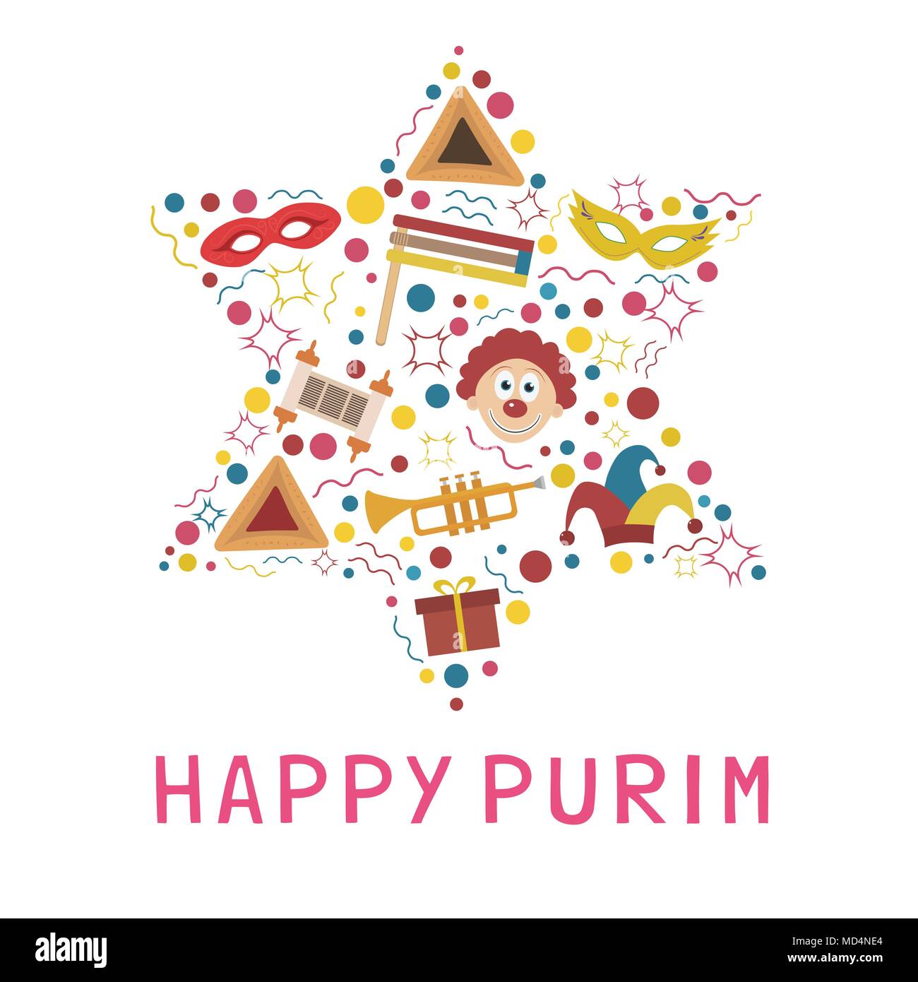 Purim holiday flat design icons set in star of david shape with text in ...