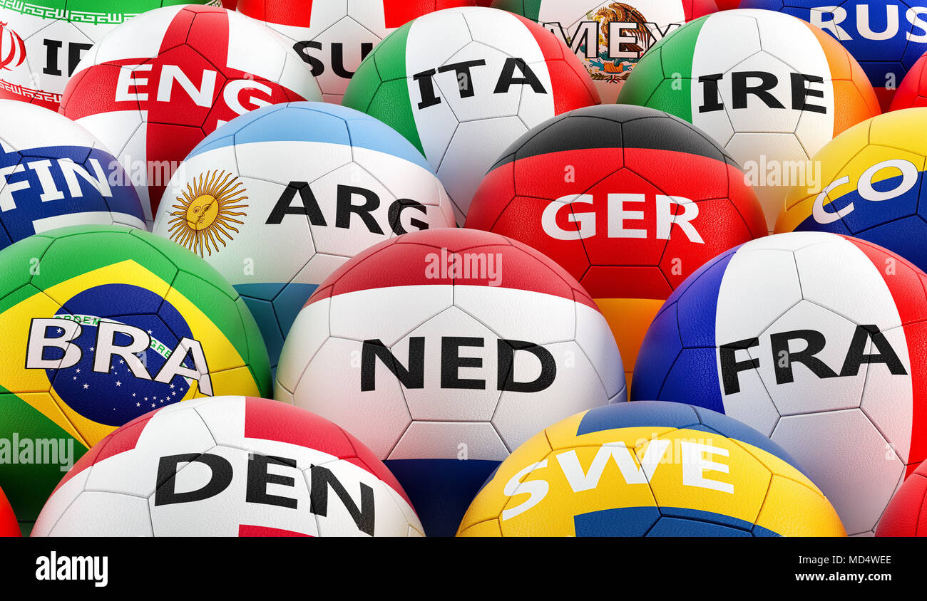 soccer balls colored in different national flag colors - 3D rendering ...