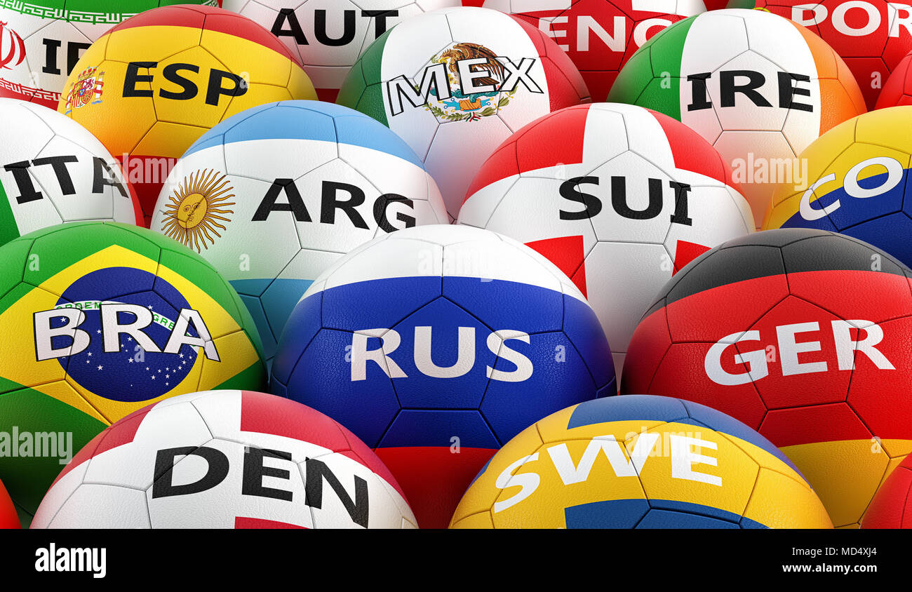 soccer balls colored in different national flag colors - 3D rendering ...