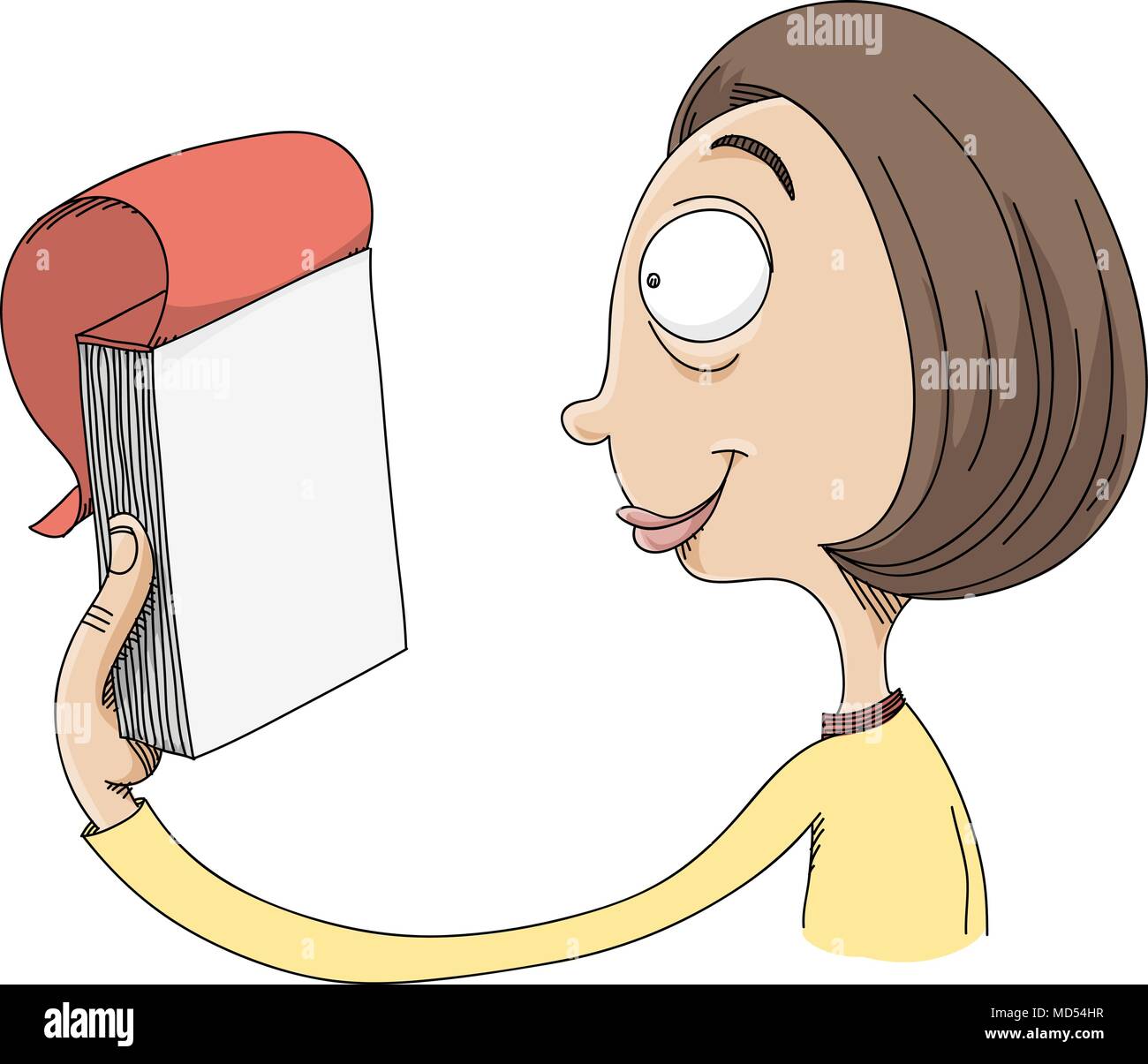 A cartoon woman holding a pad of paper and looking at a blank sheet of ...