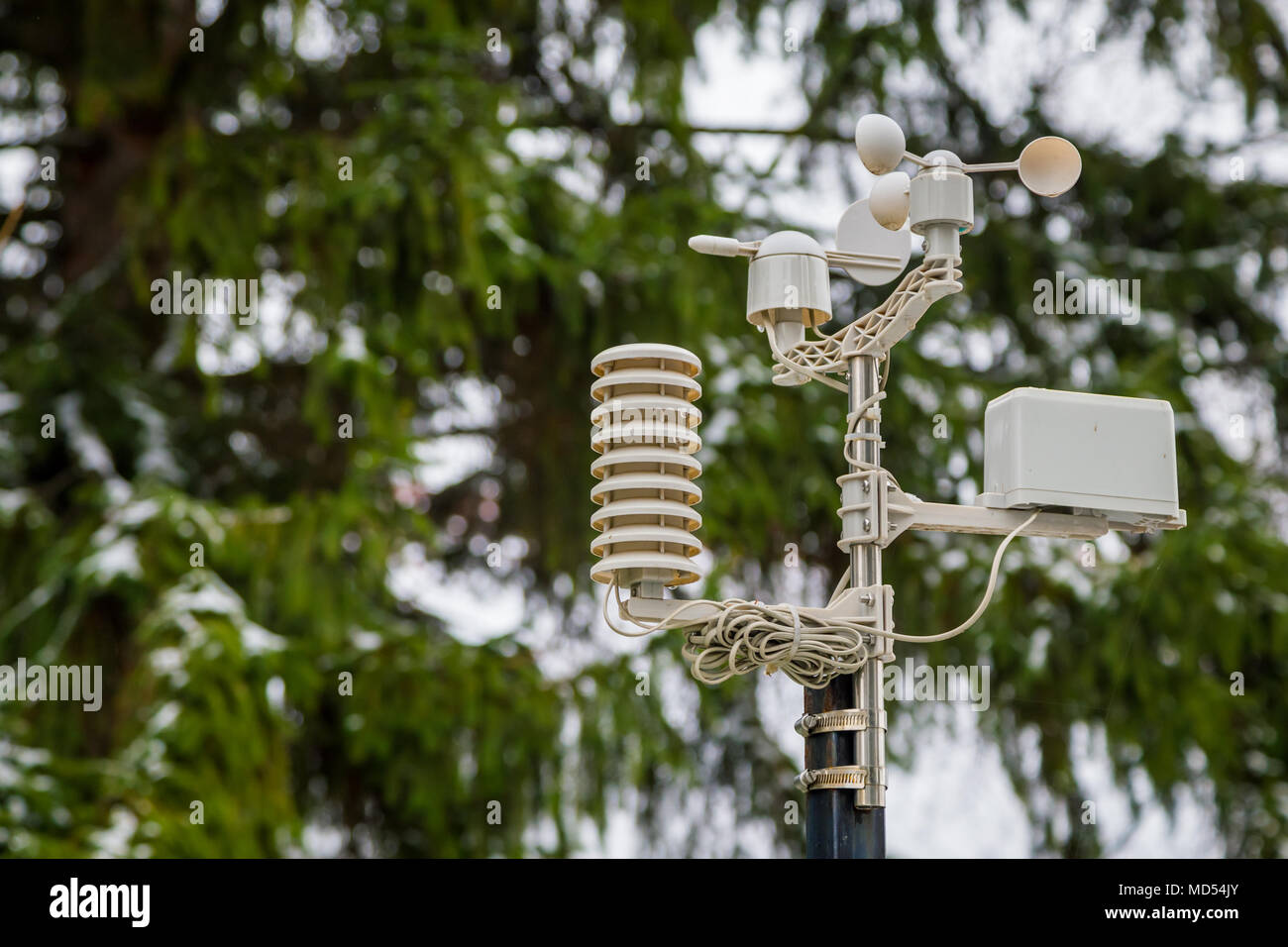 Devices meteorological station on the green background of the tree ...