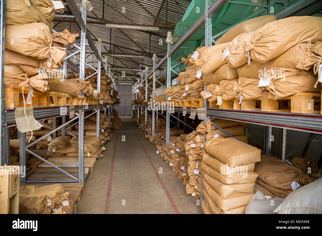 Old paper sacks placed in warehouse stacking before export Stock Photo ...