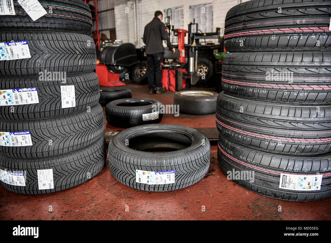 A stack car tyres on floor hi-res stock photography and images - Alamy