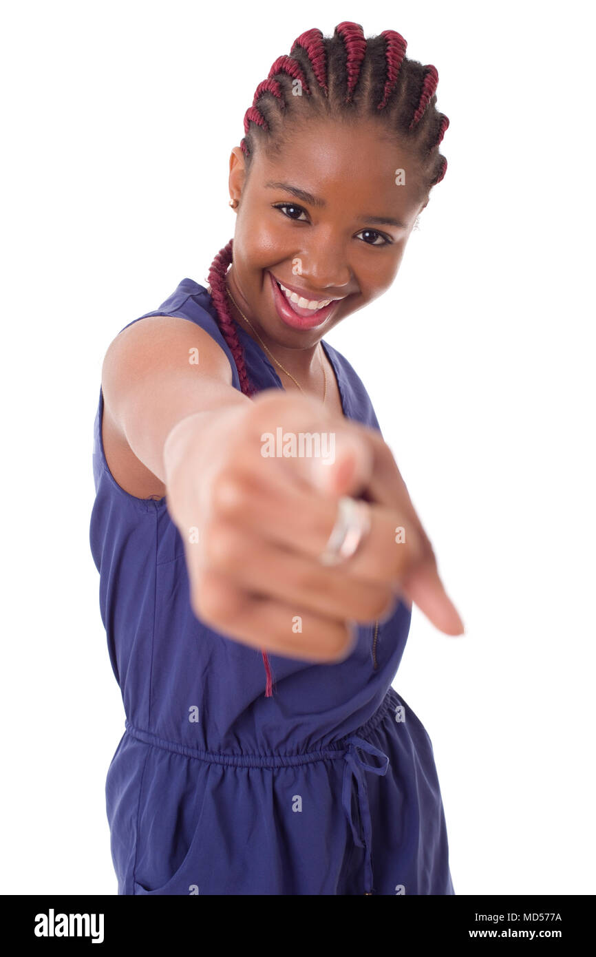 african girl pointing, isolated on white background Stock Photo - Alamy